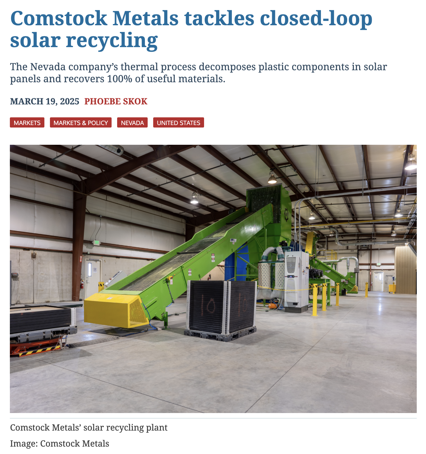 pv Magazine USA "Comstock Metals tackles closed-loop solar recycling"